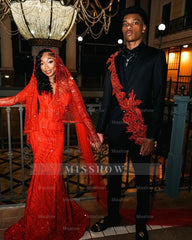 Charming Long Sweetheart Red Mermaid Sequined Prom Dress with Veil ...