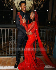 Charming Long Sweetheart Red Mermaid Sequined Prom Dress with Veil ...