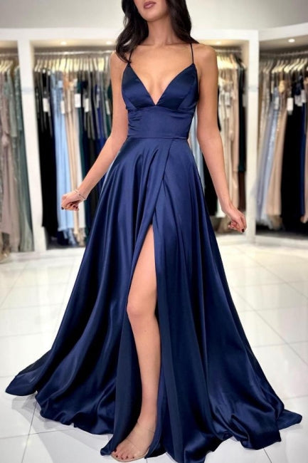 Sexy Long Simple Navy Blue Spaghetti Straps Prom Evening Dresses with ...