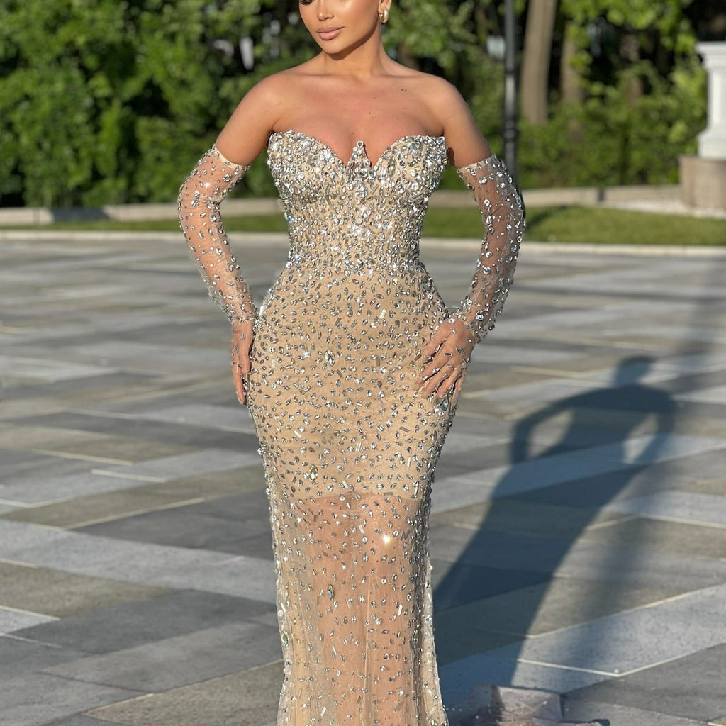 Shining Champagne Mermaid Strapless Sleeveless Beaded Tulle Long Prom ...
