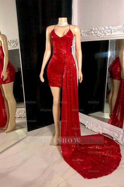 Beautiful Spaghetti Strap Sleeveless Mini Prom Dress With Train ...