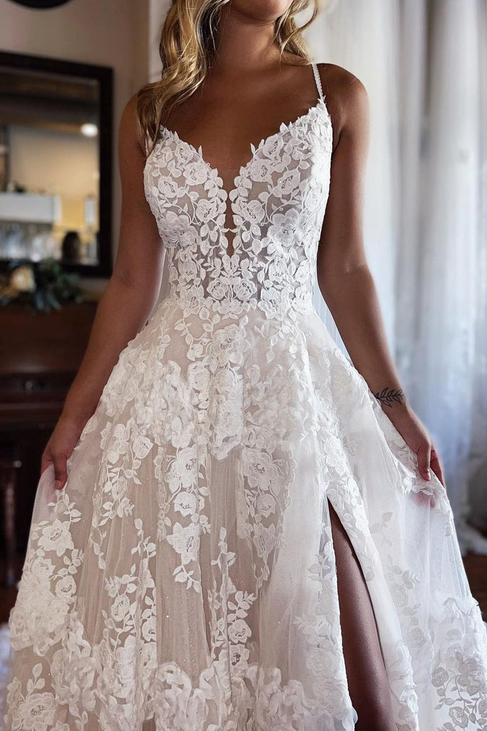 Chic Long A Line Spaghetti Straps Lace Wedding Dress With Slit