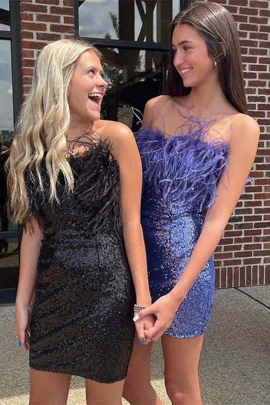 Cute Sequins Feathers Strapless Sleeveless Short Prom Dresses – misshow.com