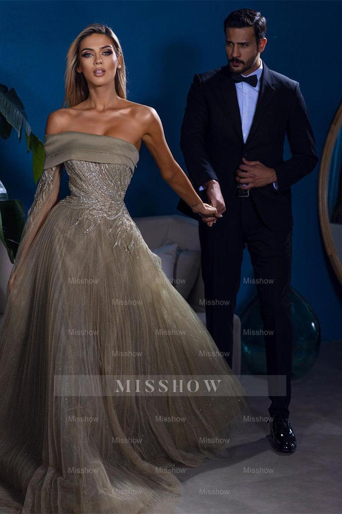 Designer A-line Off-the-shoulder Long Sleeves Sequined Prom Dress ...