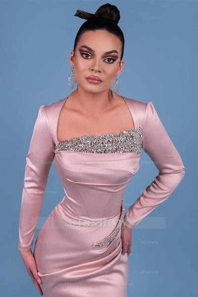 Elegant Long Satin Sleeve Pink Prom Dresses With Rhinestone – misshow.com